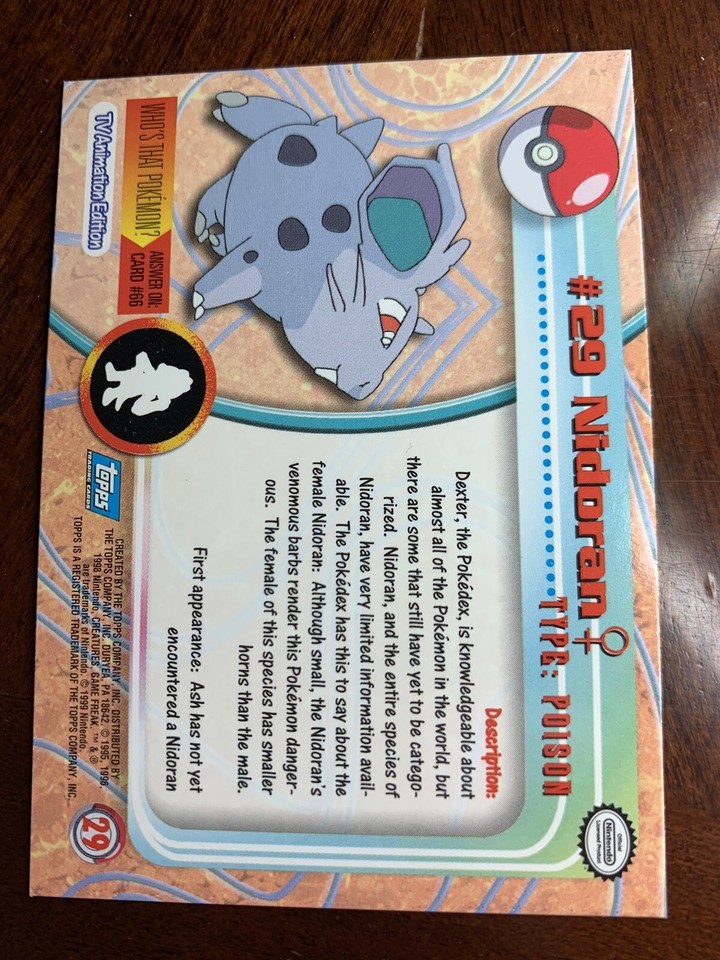 1999 Topps Pokemon TV Animation Blue Logo #29 Nidoran | eBay