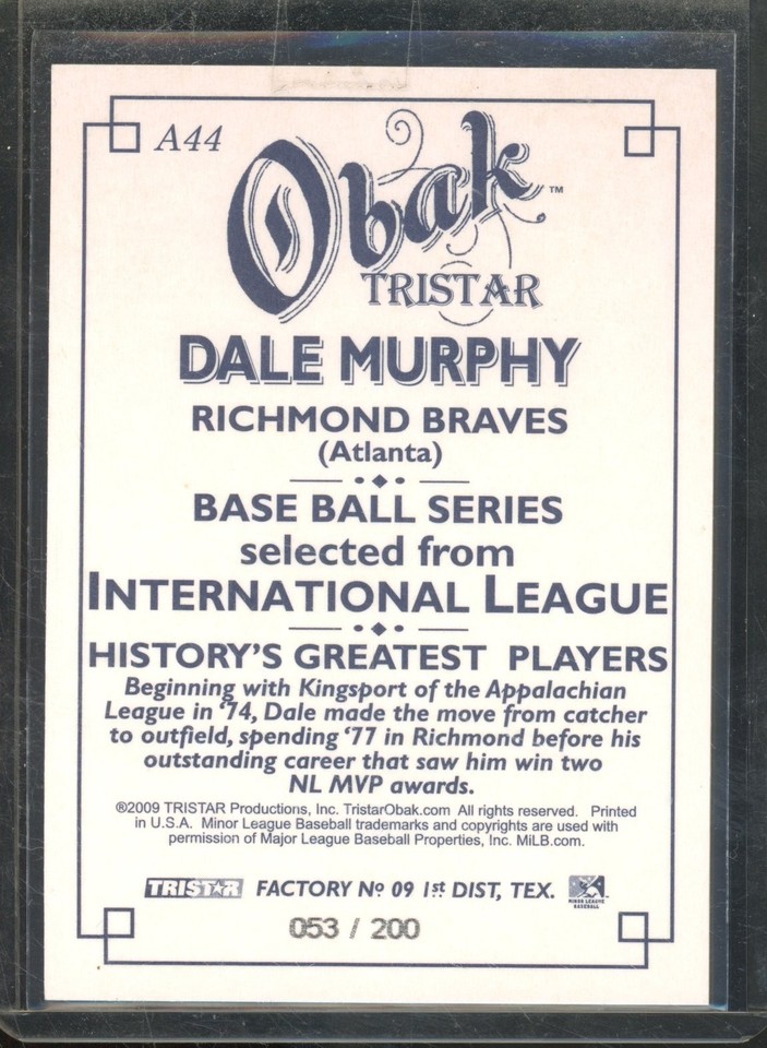 2009 Obak Tristar DALE MURPHY #A44 Richmond Braves Auto /200 History's ...