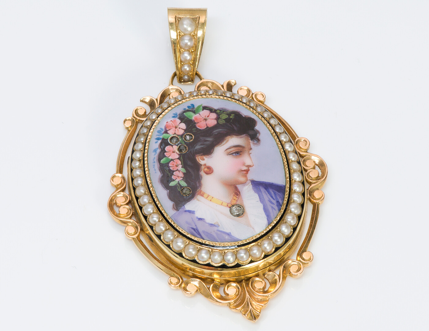 Antique Gold Pearl Enamel Lady Diamond Pendant Locket - Gem