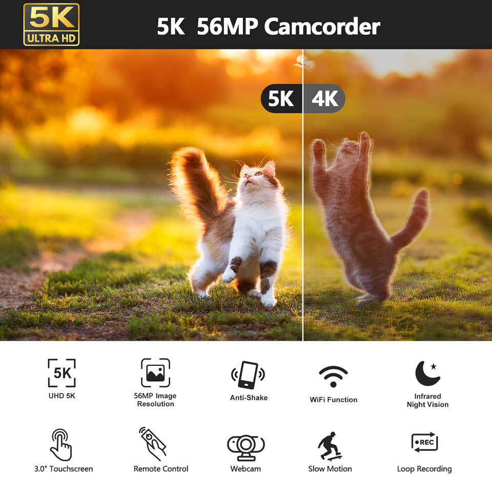 5K Ultra Camcorder Video Camera 56MP WiFi 16X Zoom Vlogging Camera w ...