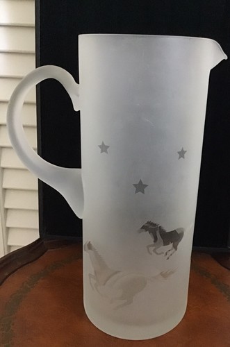 VTG 10" Heavy Frosted Glass Pitcher-Etched with Wild Horses-Moon/Stars ...