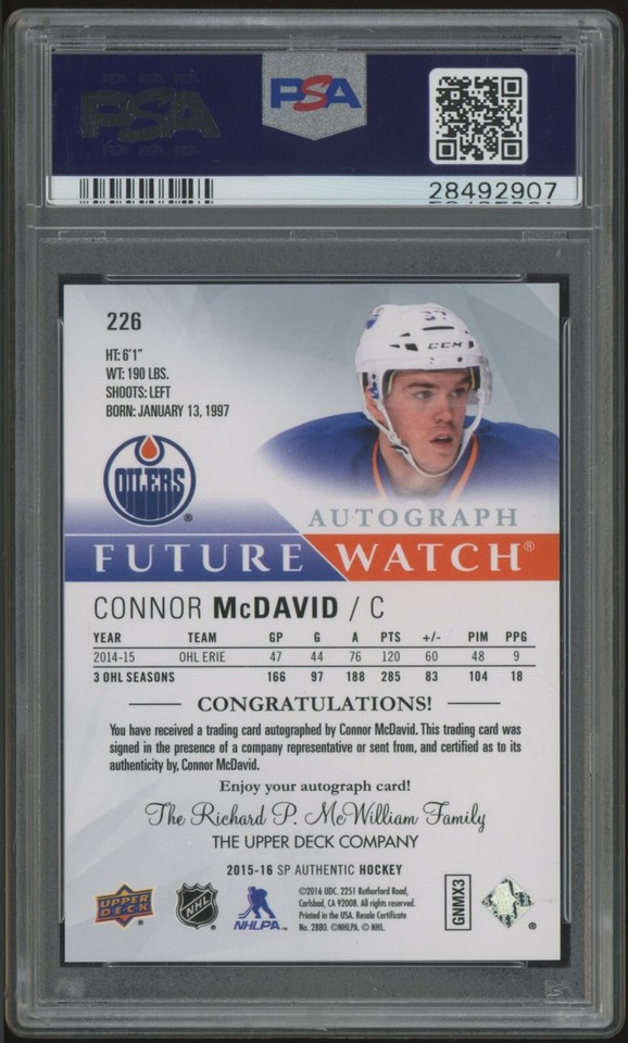 Connor McDavid Signed 2015 SP Authentic RC Rookie /999 PSA 10 PSA/DNA ...