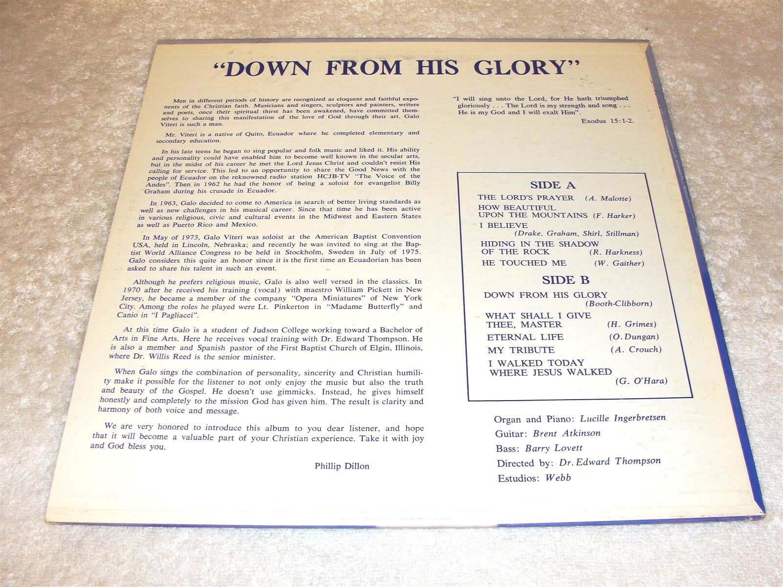 Galo Viteri "Down From His Glory" 1970's Religious LP, Nice EX!, SIGNED ...
