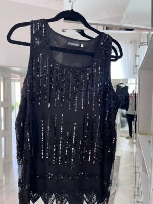 PRETTY GUIDE Black Sequins / Beaded Sleeveless Top with Zig-Zag Hem ...