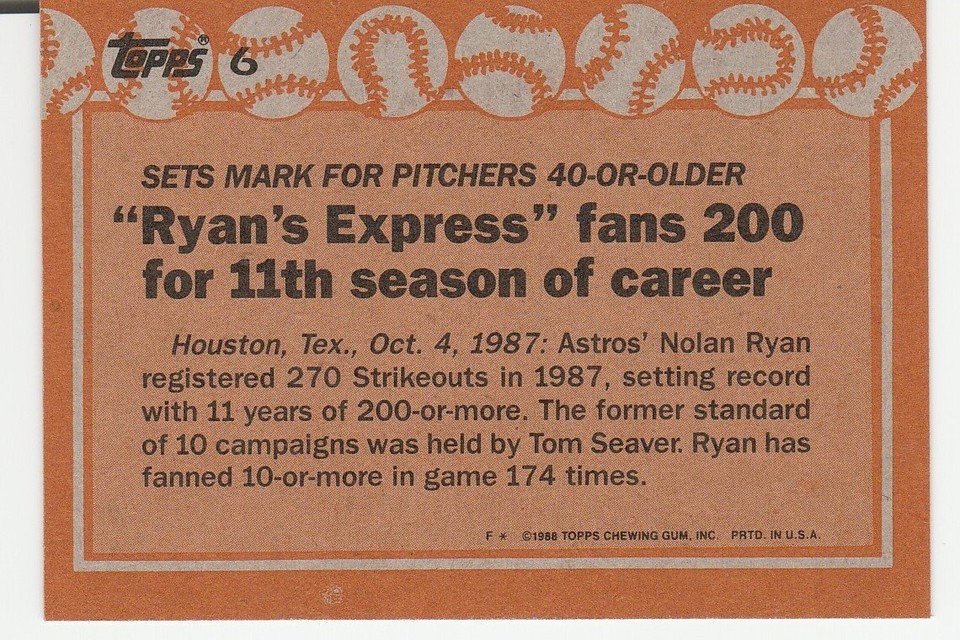 1988 Topps Baseball Card #6 Nolan Ryan 87 Record Breakers Error Card | eBay