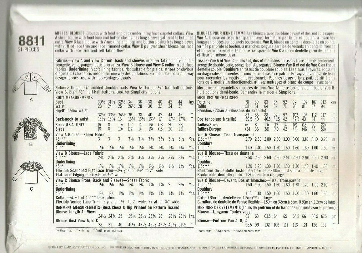 Amazing VTG SIMPLICITY 8811 Victorian Capelet Collar Blouses PATTERN 6 ...