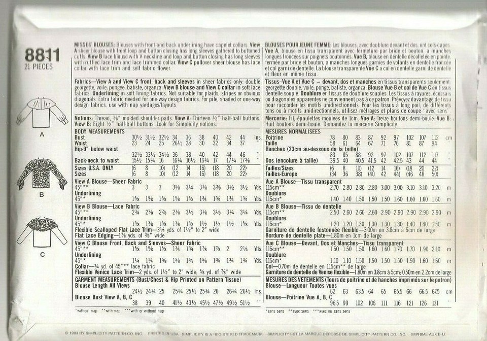Amazing VTG SIMPLICITY 8811 Victorian Capelet Collar Blouses PATTERN 6 ...