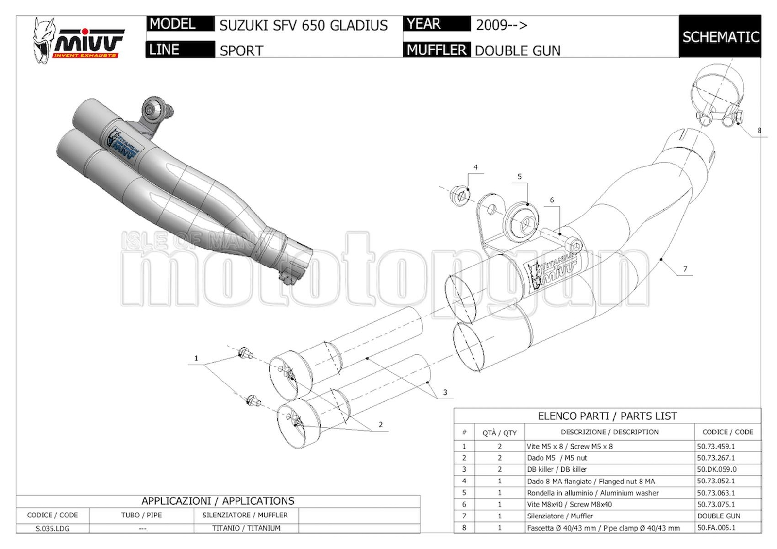 MIVV S.035.LDG exhaust hom double gun full titanium suzuki gladius 2009 ...
