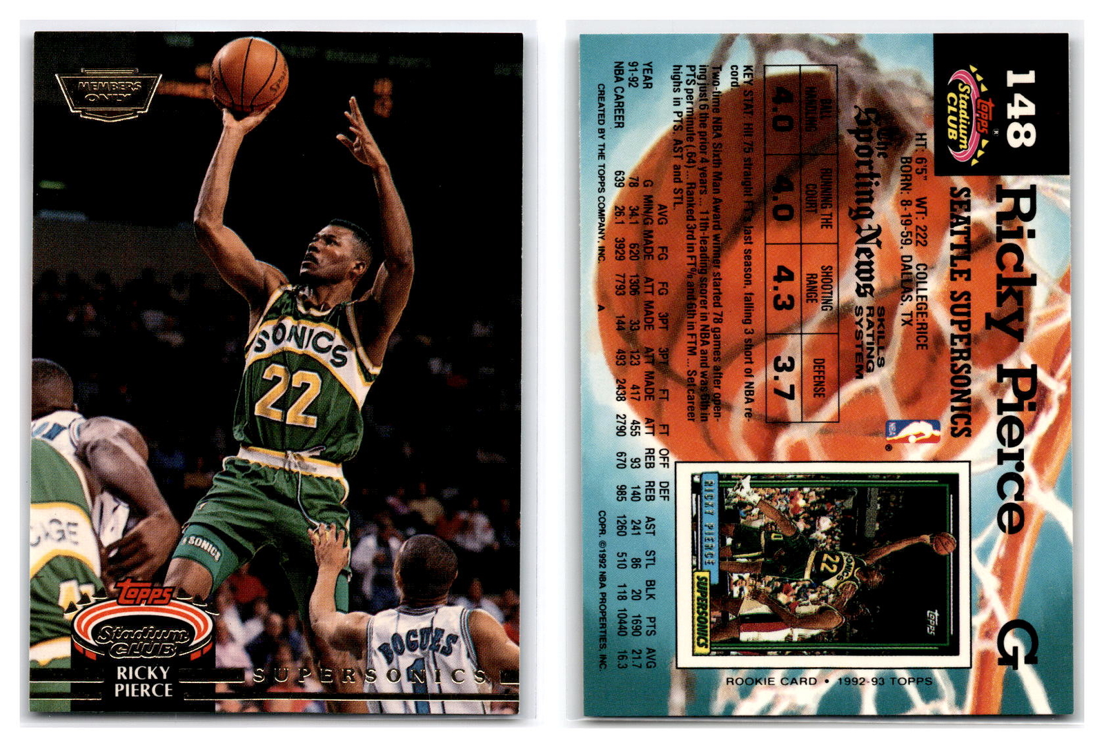 1992-93 Stadium Club Members Only #148 Ricky Pierce - Seattle ...