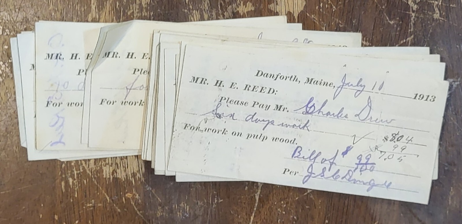 1913 Receipt Lot of 20 Danforth Maine HE Reed Work on Pulp Wood Lumber ...