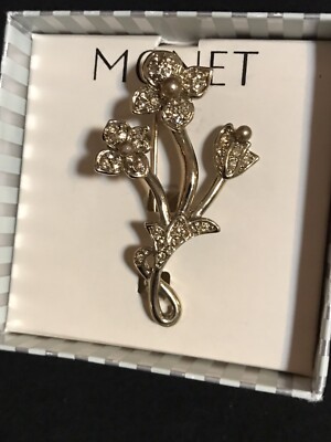 Monet Flower Pin Gold W/ Clear Stones - New In Box | eBay