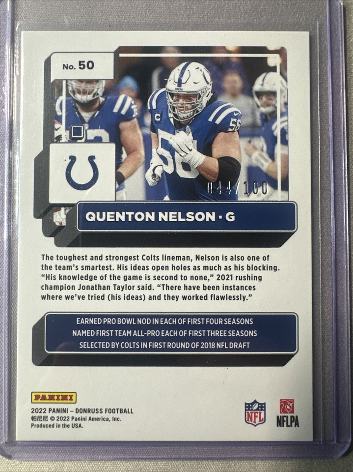 2022 Panini Donruss Quenton Nelson #/100 Press Proof Silver #50 | eBay
