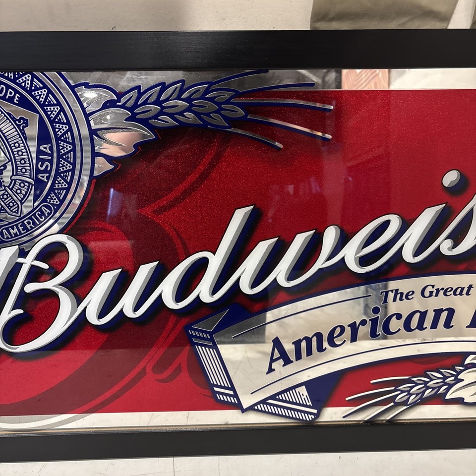 Budweiser Wood Framed Bar Wall Beer Sign Mirror Large 33.5" Great ...