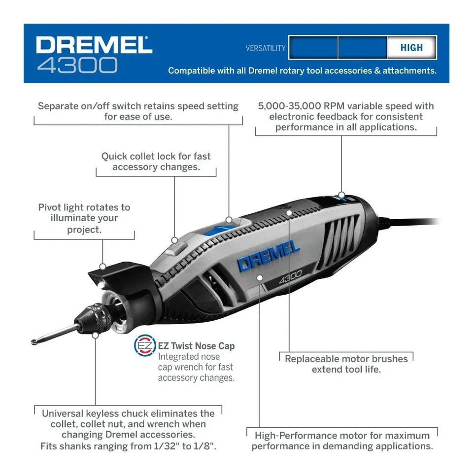 Dremel 4300-9/64 Platinum Edition Corded Rotary Tool, Variable Speed ...