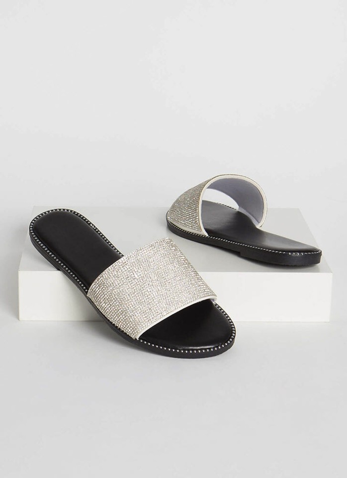 New Women's Open Toe Jeweled Rhinestone Band Slides Flat Sandal Shoes ...