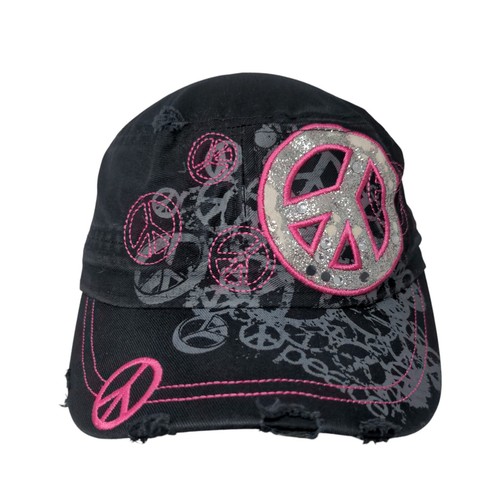 Peace Sign Cadet Army Cap Black One Size Adjustable Glitter Bling ...