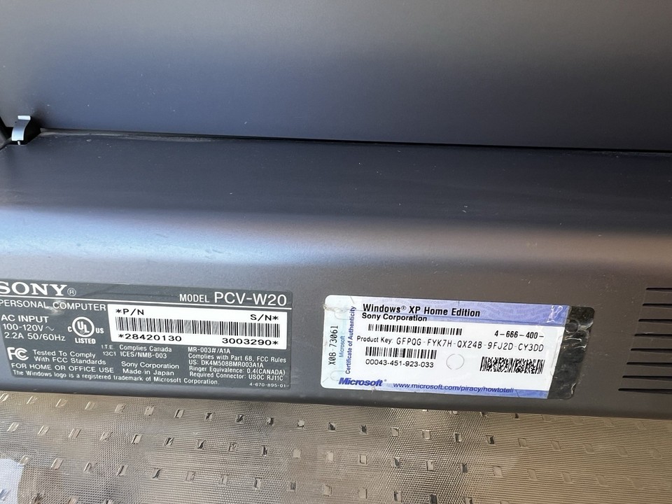 Rare Sony VAIO PCV W20 Desktop Laptop 50/60Hz Windows XP home Edition ...