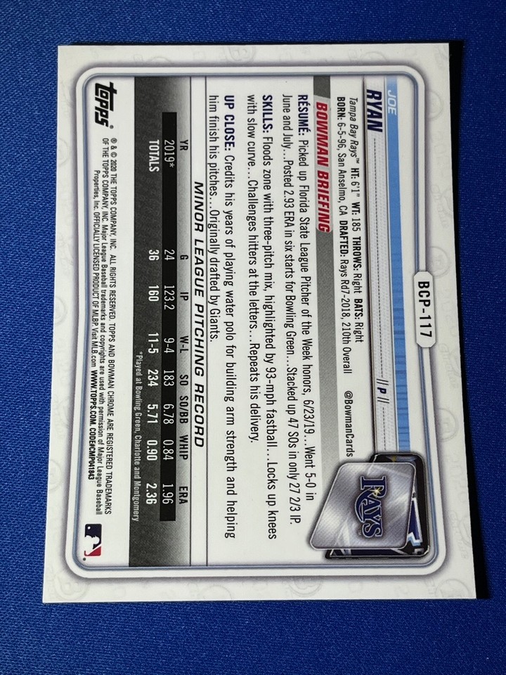 2020 Bowman Chrome Sapphire Joe Ryan #BCP-117 Minnesota Twins | eBay