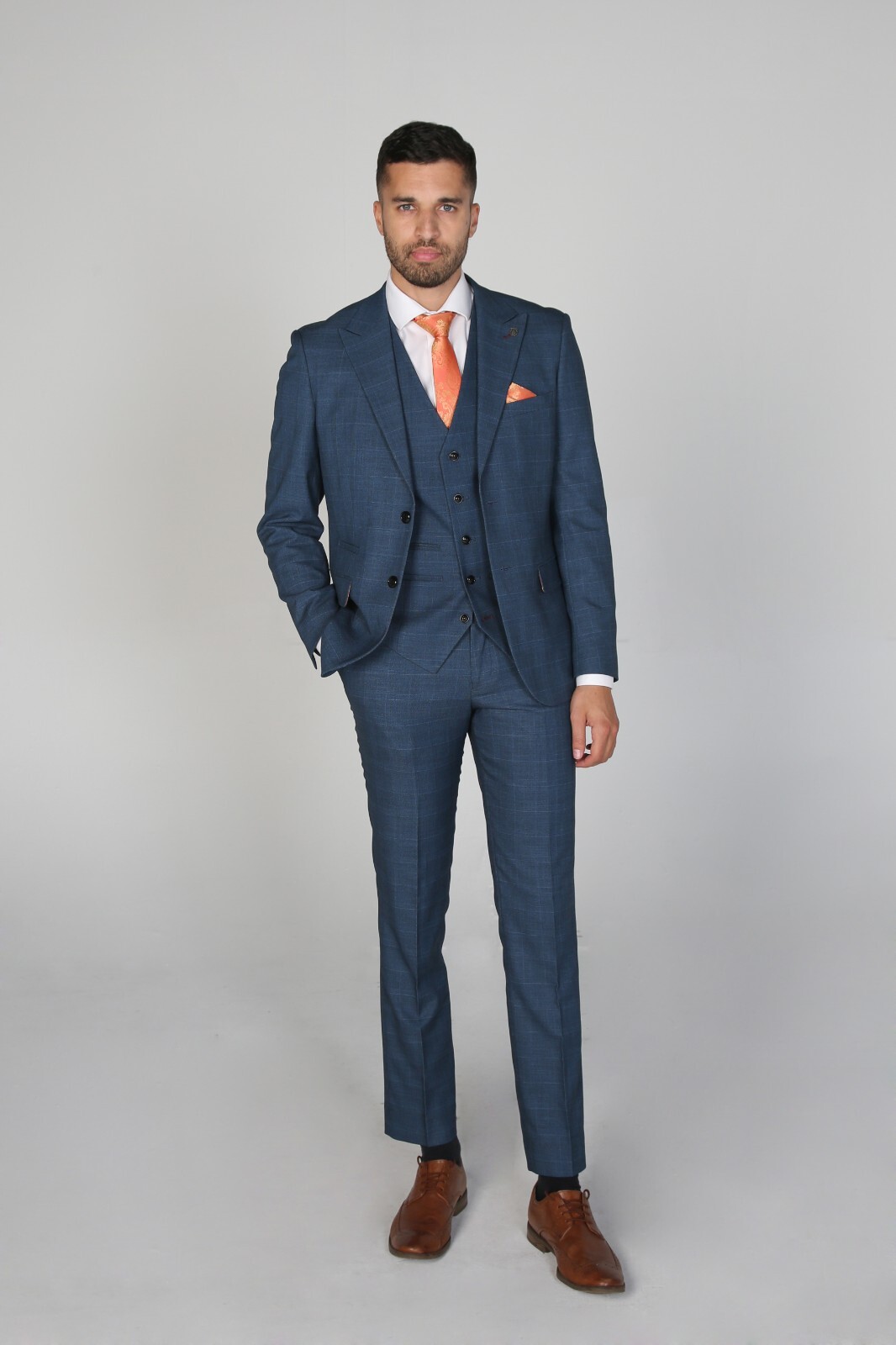 Mens Check Suit Blue Slim Fit Formal Wedding Business 3 Piece Set | eBay UK