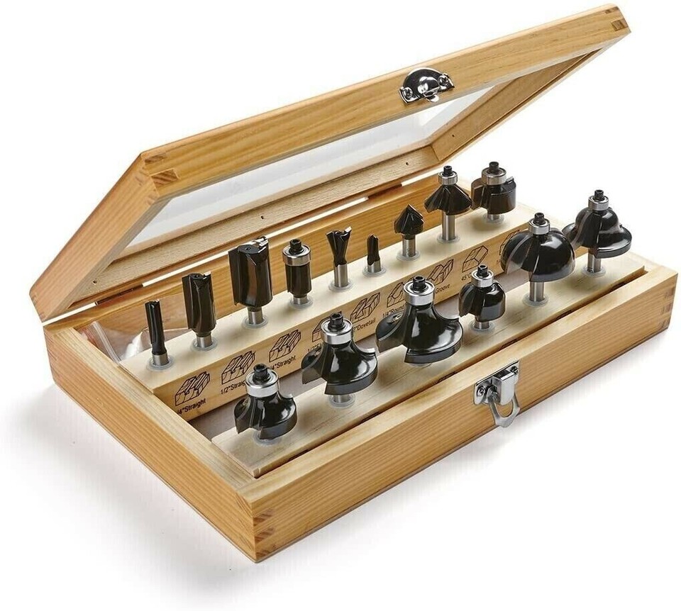 15pc IRWIN 1/4" Carbide Router Bit Set Roundover Roman Ogee Cove Flush ...