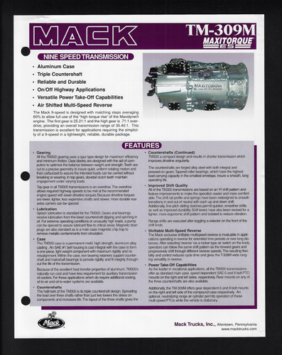 MACK TRUCKS TM-309M MAXITORQUE ES TRANSMISSION SPECIFICATIONS BROCHURE ...