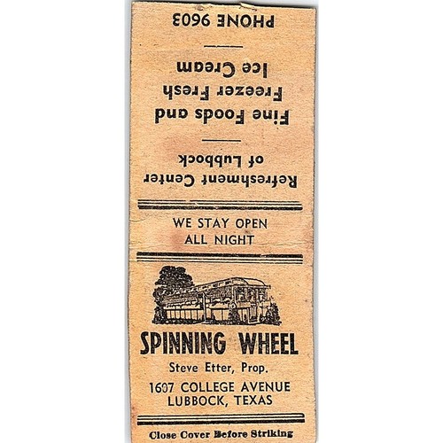 Spinning Wheel Steve Etter Lubbock TX Vintage Matchbook Cover SC7-Y8 | eBay