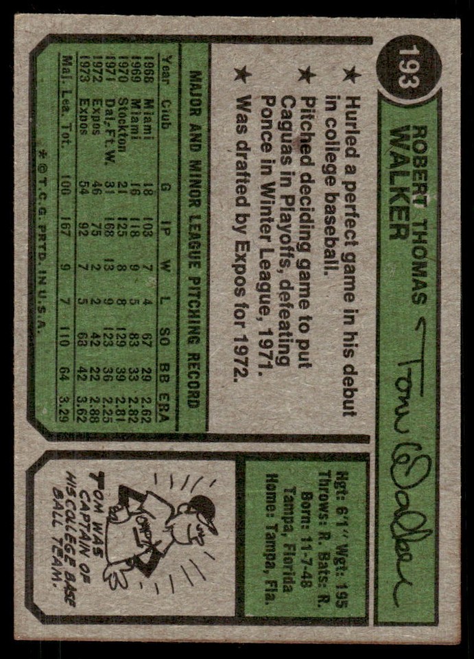 1974 Topps Tom Walker #193 Montreal Expos Baseball Card | eBay