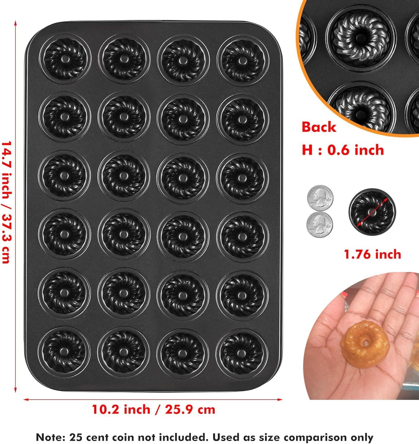 Mini Fluted Tube Cake Pan, 24-Cup Non-stick 1-3/4" Bite Size, Bundtinis ...