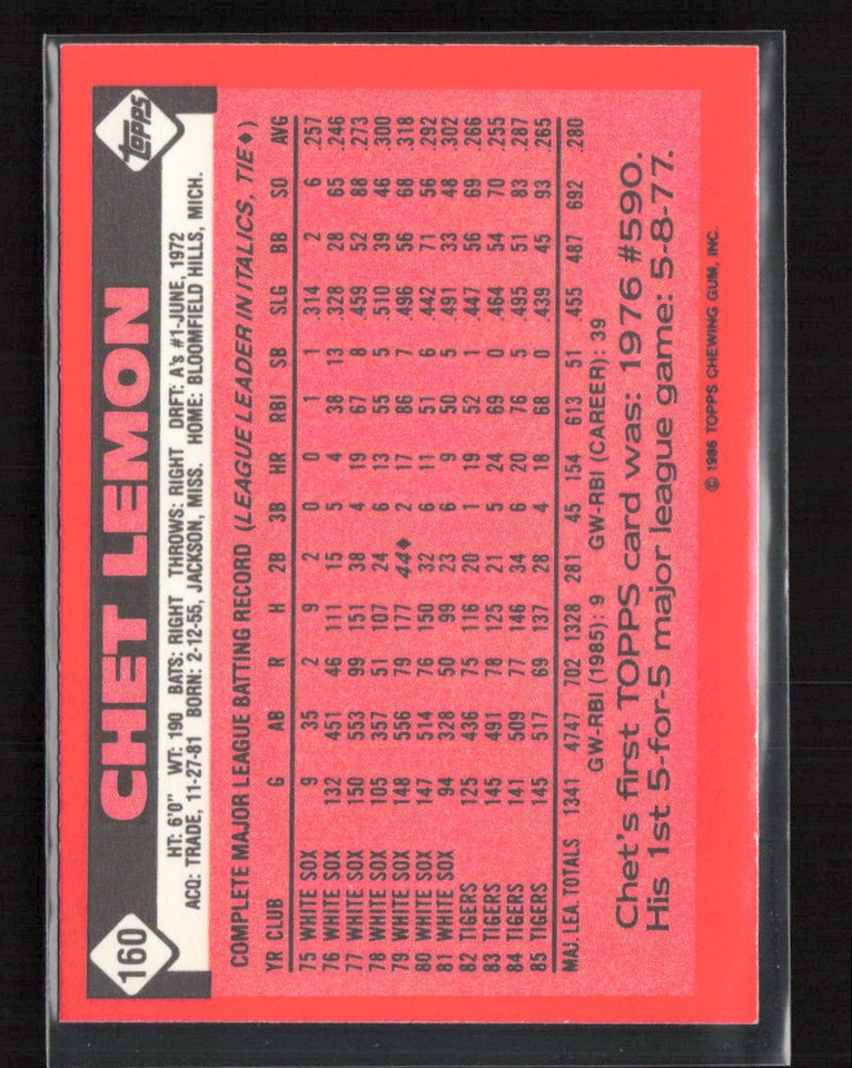 1986 Topps Tiffany #160 Chet Lemon Collector's Edition (Tiffany) | eBay