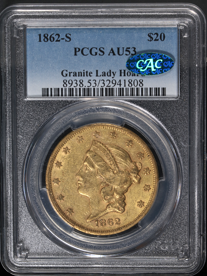 1862-S Liberty Gold $20 CAC Sticker PCGS AU53 Granite Lady Hoard Nice ...