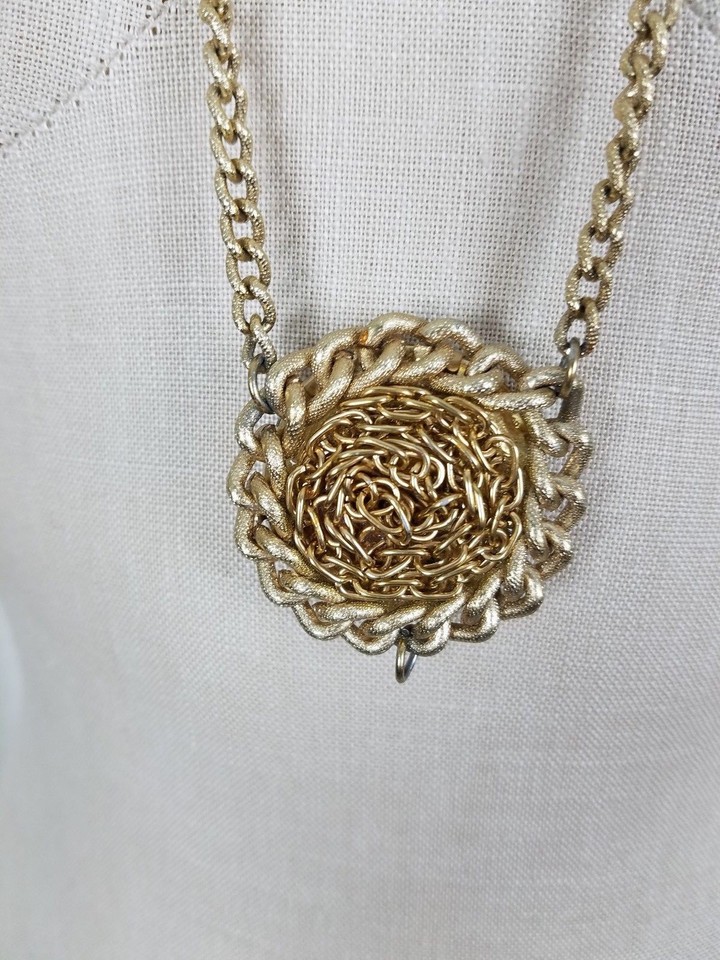 Braided Gold Rope Length Chain Circle Medallion NECKLACE Statement ...