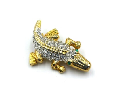 Vtg Gold Tone Alligator Brooch Clear Pave Crystals Rhinestones Figural ...