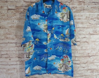 Skoops Worldwide XL Blue Surfing Hawaiian 100% Polyester Short Sleeve ...