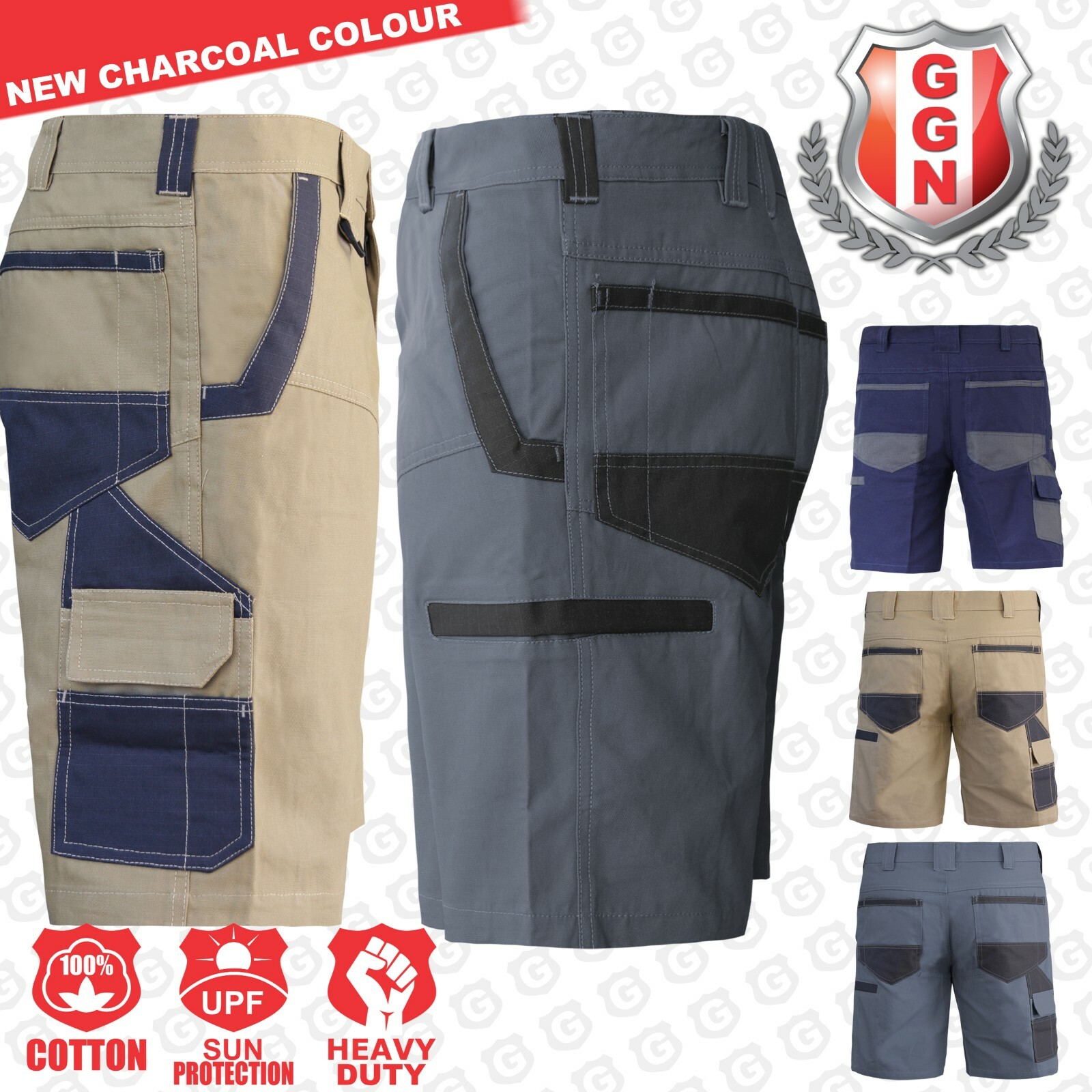 Mens WORK CARGO SHORTS Cotton Drill MULTI POCKETS UPF 50+ TRADIE HEAVY ...