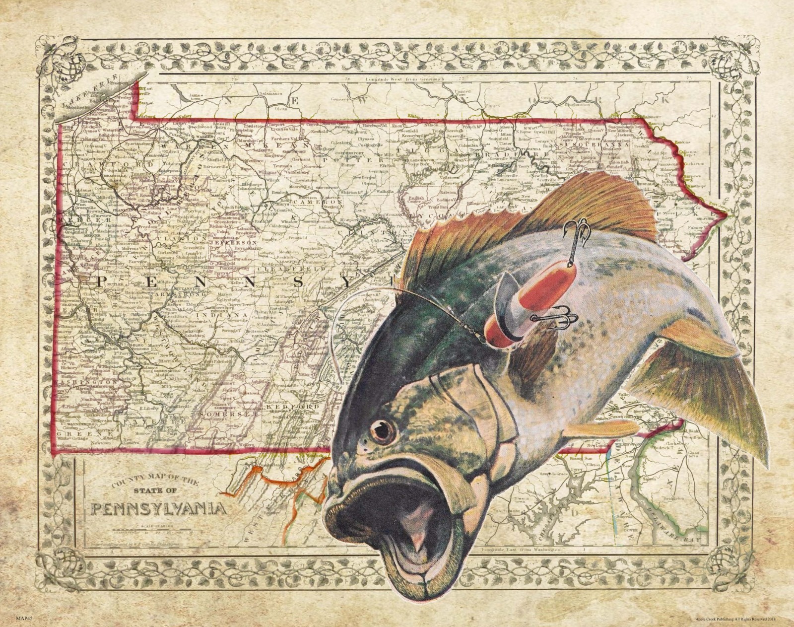 Largemouth Bass Fishing Lures Anglers Club Pennsylvania State Map Print ...