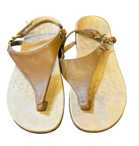 Vionic KIRRA Womens Sz 7.5 Tan Brown Leather Buckle Orthopedic Thongs ...