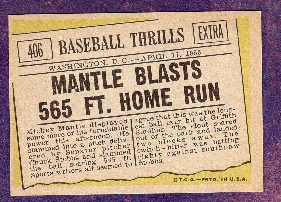 1961 TOPPS BASEBALL THRILLS MICKEY MANTLE BLASTS 565 FT HOME RUN #406 ...