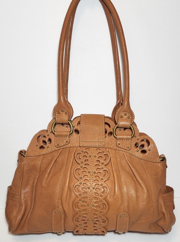 LOCKHEART CUT IT OUT CANDACE BROWN LEATHER LACE STUDDED HANDBAG W/COIN ...