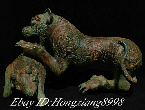 16" Old Chinese Zhan Dynasty Bronze Ware Tiger Eating Sheep Statue ...