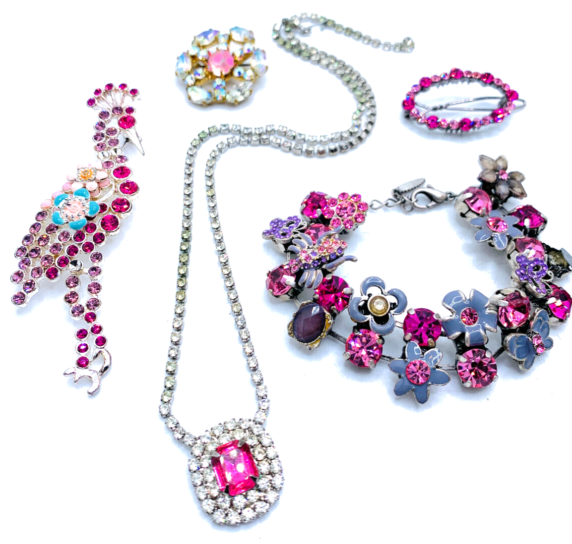 Lot 5 Vibrant Vintage to Modern Pink Sparkling Bling Rhinestone Jewelry ...