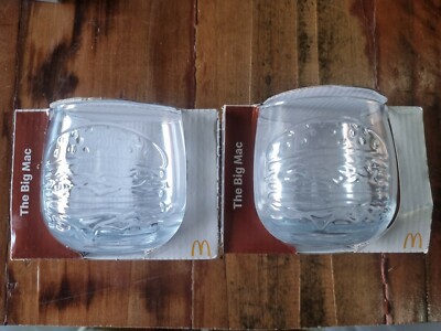 2x McDonalds Cup THE BIG MAC PATTERN Glass Maccas 50 Years wobbling ...