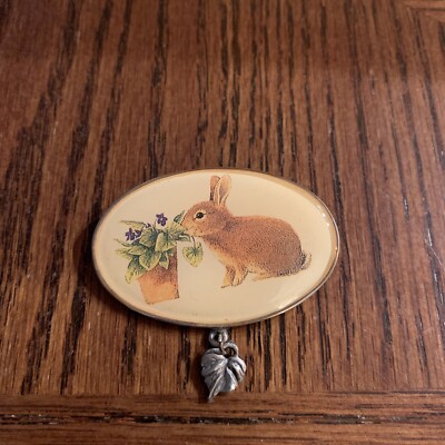 Marjolein Bastin Oval Rabbit Bunny Pin Brooch Leaf Charm Signed 1999 M ...