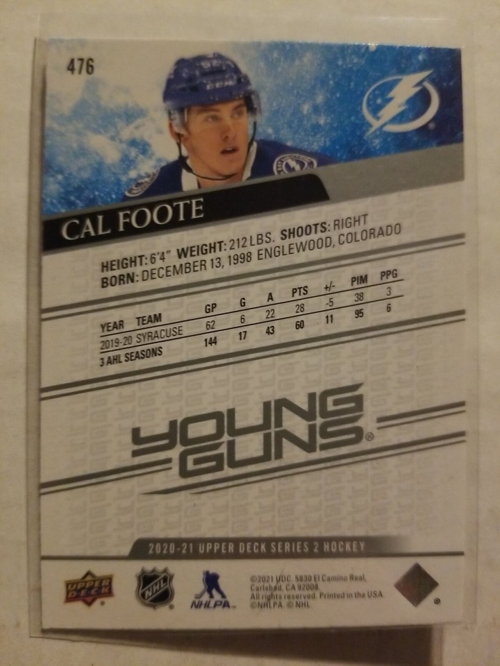 2020-21 Upper Deck Young Guns Hockey #476 CAL FOOTE RC Tampa Bay ...
