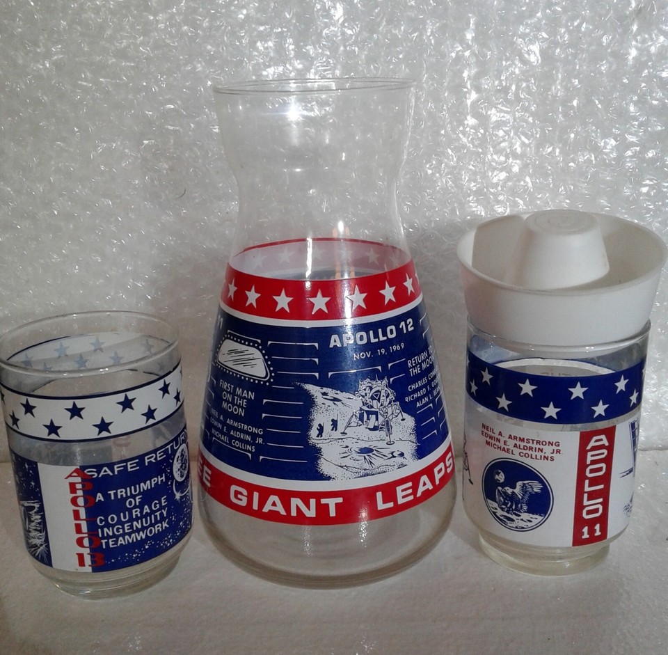 Vintage NASA Apollo 11,12,13 carafe pitcher commemorative with lid & 2 ...