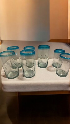 5 Hand Blown Mexican Drinking Glasses Aqua Teal Blue Rim Tumblers #101 ...