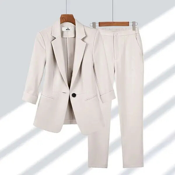 Summer Jacket Blazer Wide Leg Pants 2 Piece Women's Pants Set Office ...
