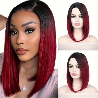Short Bob Straight Synthetic Wig Ombre Wig Black To Red Side Part Daily ...