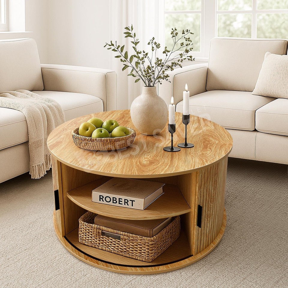 Round Oak Coffee Table Bedside Sofa Side Storage End Tea Cafe Night ...