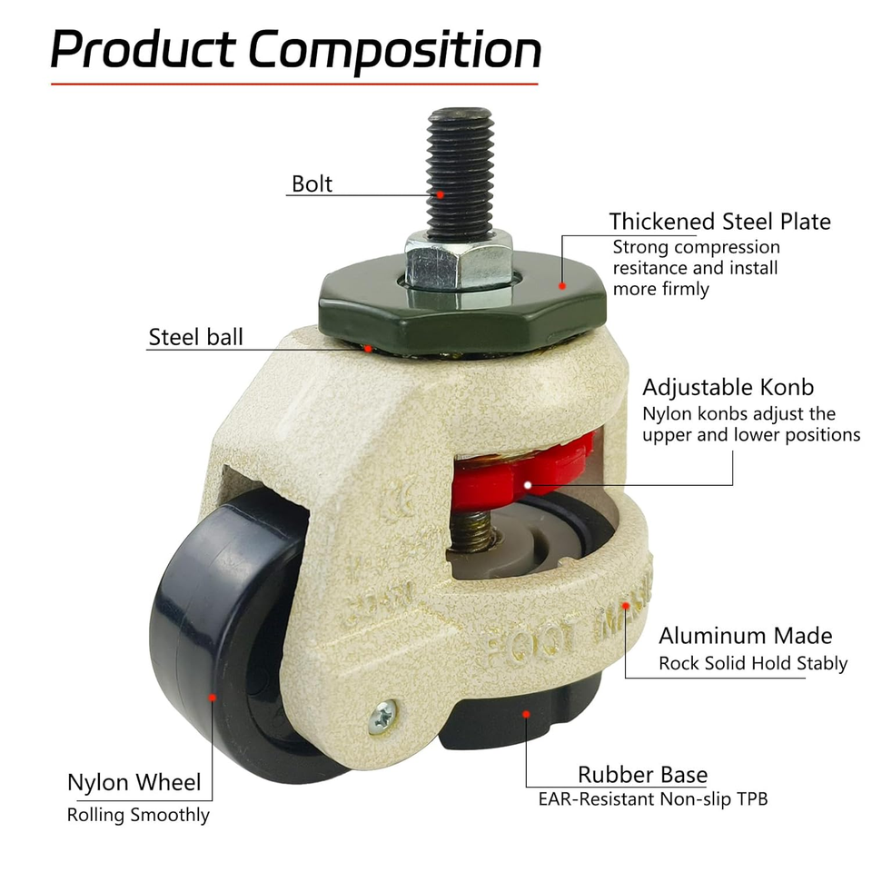 4 PCS 2 Inch(50mm) Leveling Machine Stem Casters Retractable Rubber ...
