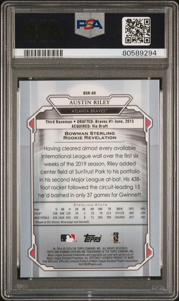 2019 Bowman Sterling Austin Riley Rookie #BSR69 PSA 10 Gem Mint Atlanta ...